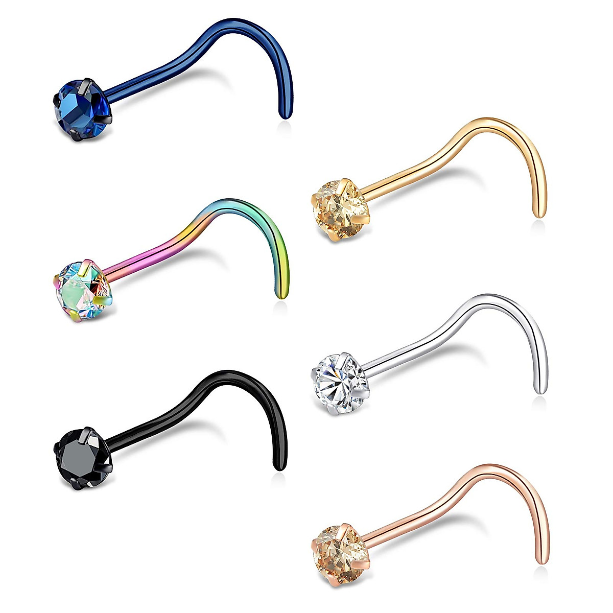 Tornito 20G 6Pcs Stainless Steel Nose Screw Studs Rings CZ Nose Ring Labret Nose Piercing Jewelry for Men Women