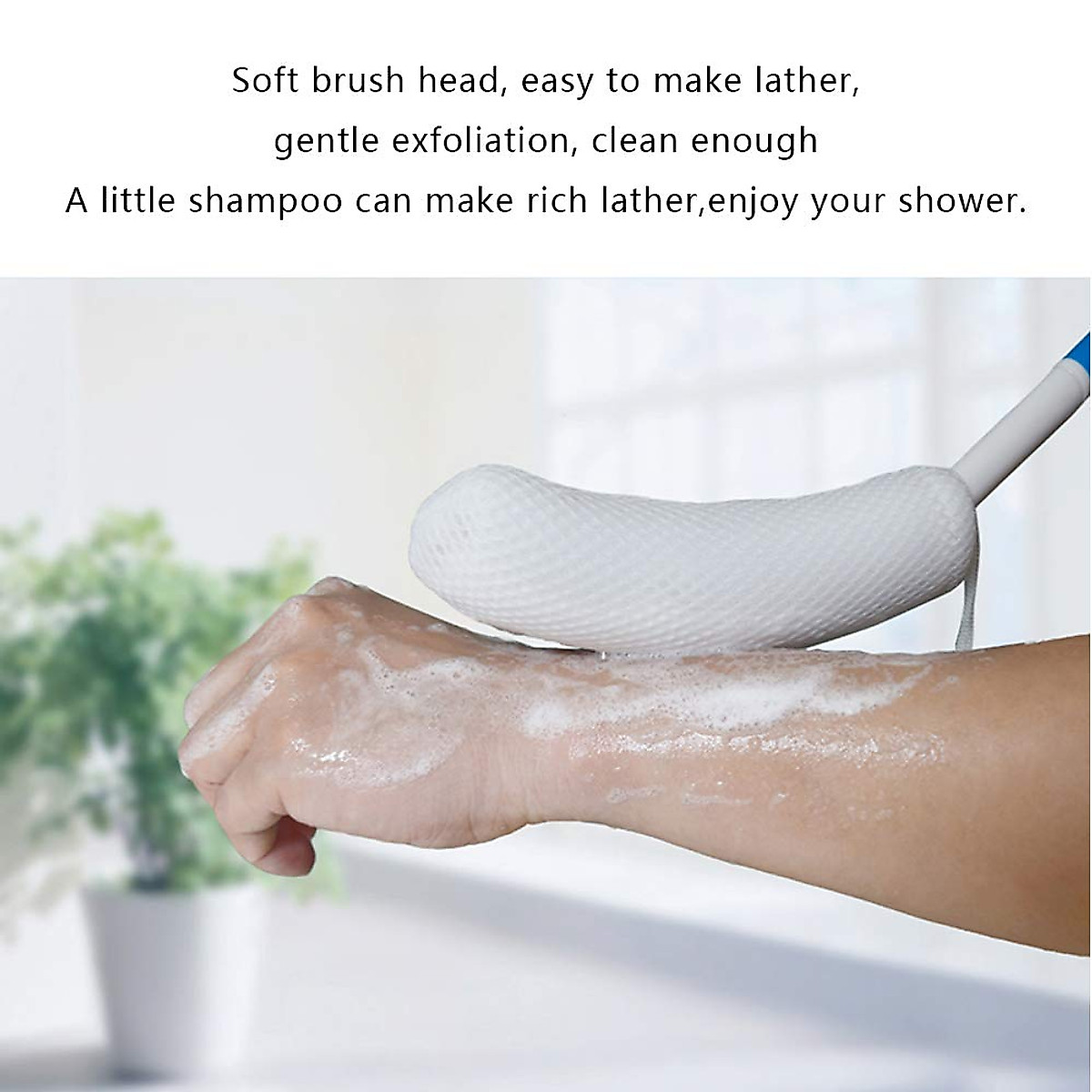 MagiDeal Vinyl Quote Me Long Anti-Slip Curve Handled Bath Body Brush, Easy Reach for Seniors, Suitable for Elderly/Pregnant Aid Bathing & Shower, Blue, 15.35"