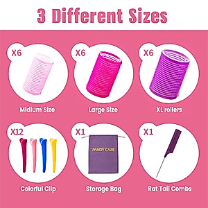 Hair Roller Set 32 PCS, PandyCare Velcro Hair Rollers for Long Medium Short Hair - No Heat, Hair- friendly, Includes 18 Self Grip Rollers(2.3,1.9,1.4inch), 12 Clips, 1 Rat Tail Comb & 1 Storage Bag
