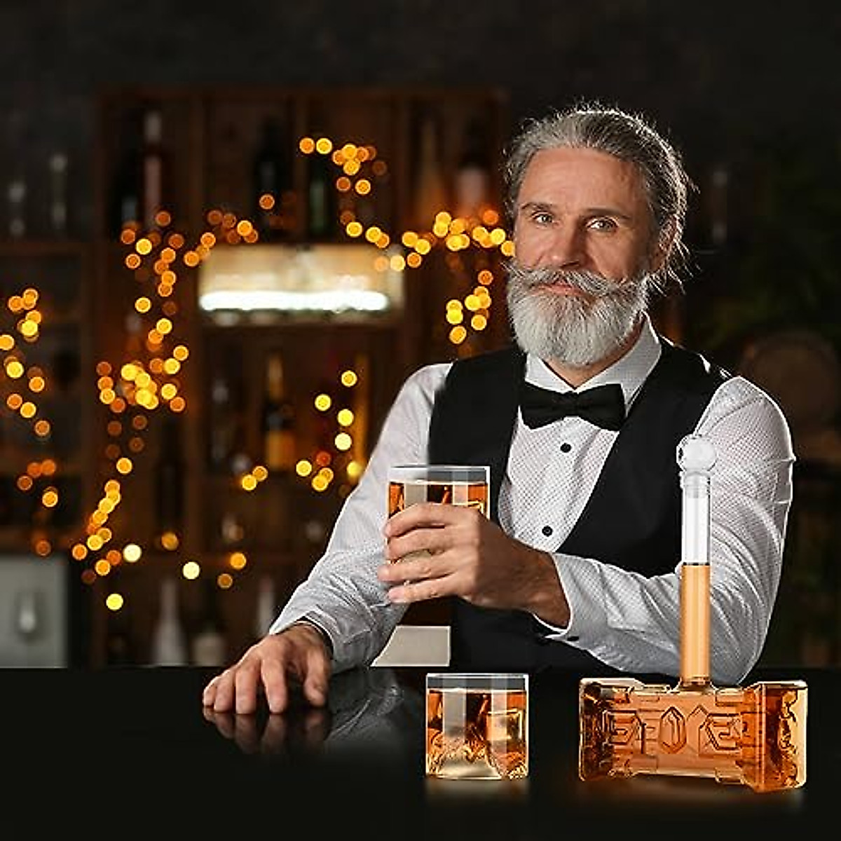 Swirbe Wine&Whiskey Decanter Set,750ml Hammer Decanter,2 Whiskey Glasses and 4 Ice stones,Wonderful Father Day Gift for Dad, Husband