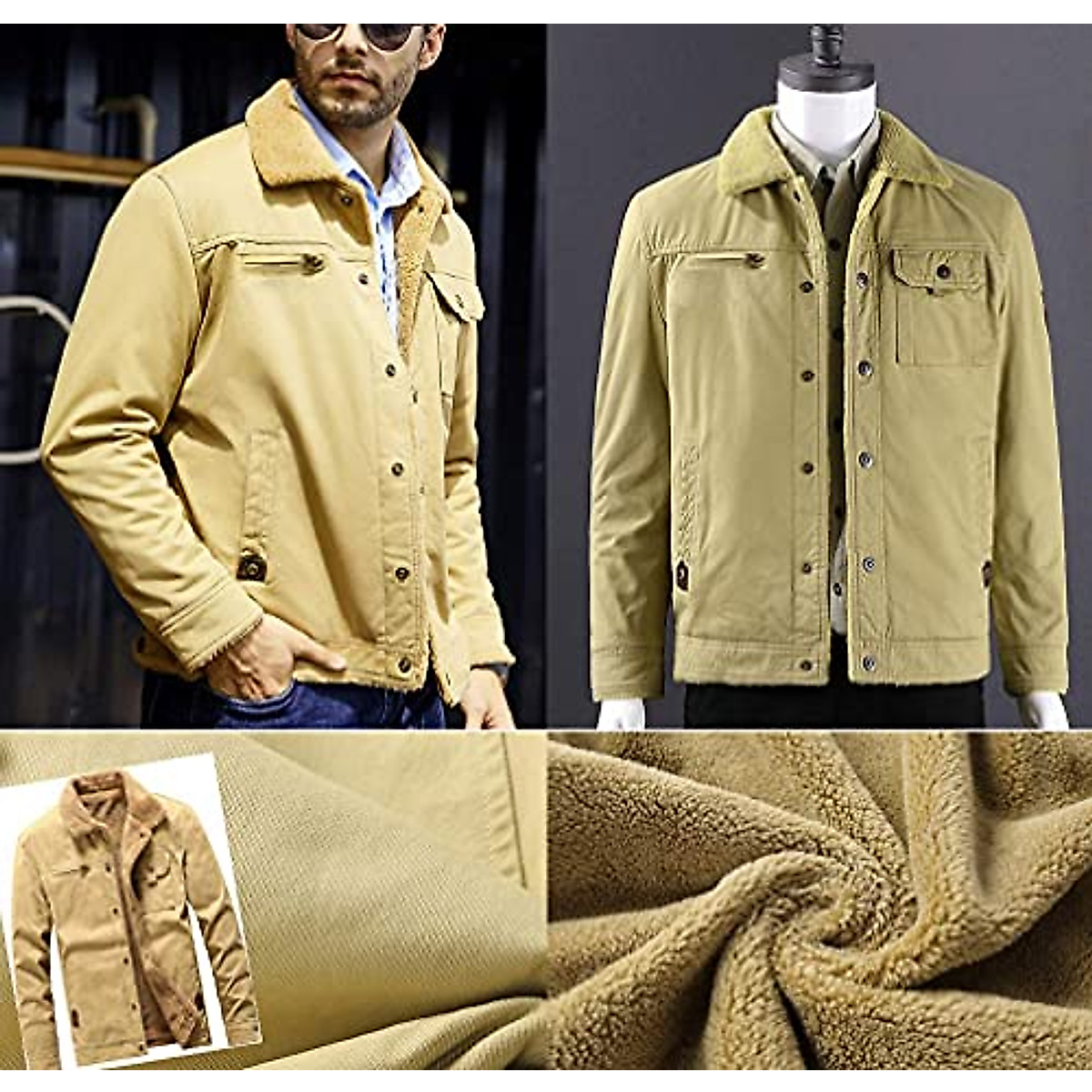 Vcansion Men's Classic Sherpa Trucker Jacket Windbreaker Stand Collar Fleece Coat Outerwear Warm Parka Army Green US L