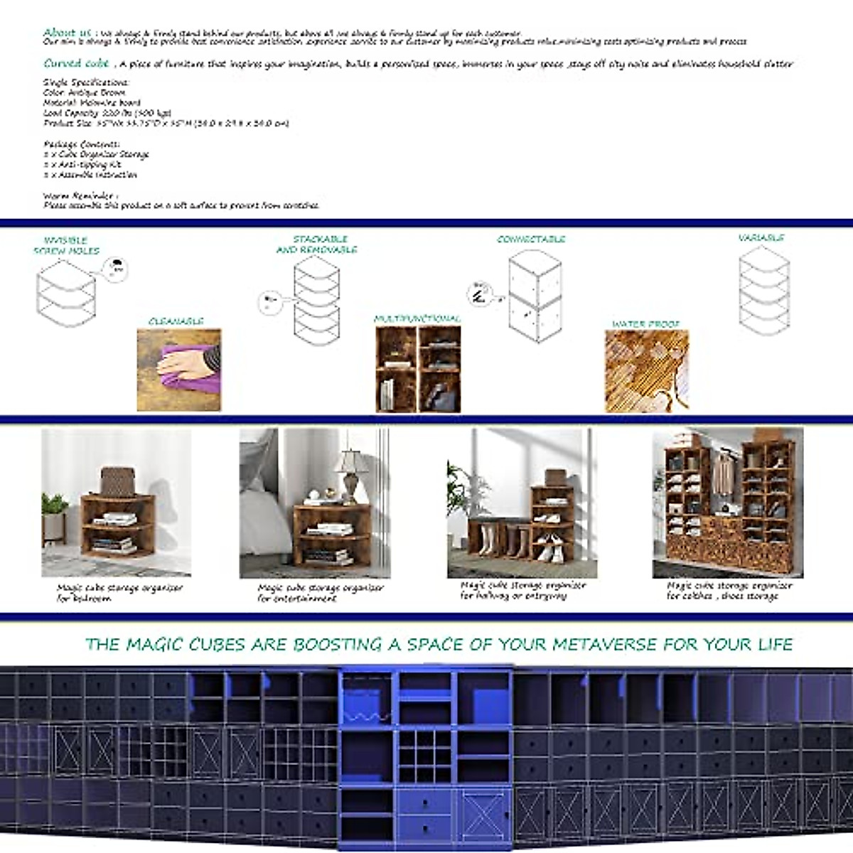 FUSUNBAO Magic DIY Cube Storage Organizer Stackable Cubles for Corner Bookshelf -Home Books Clothes Toy -Modular Cubby Storage System -Office Cubical -Bookcase (Antique Brown, Curved Shape Cube)