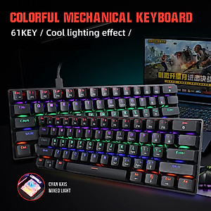 Wired 60% Mechanical Gaming Keyboard Mini Portable with Rainbow Backlit Full Anti-Ghosting 61 Key Ergonomic Double Foot Stand Type-C USB Waterproof for Typist Laptop PC Mac Gamer (Blue Switch)，Black