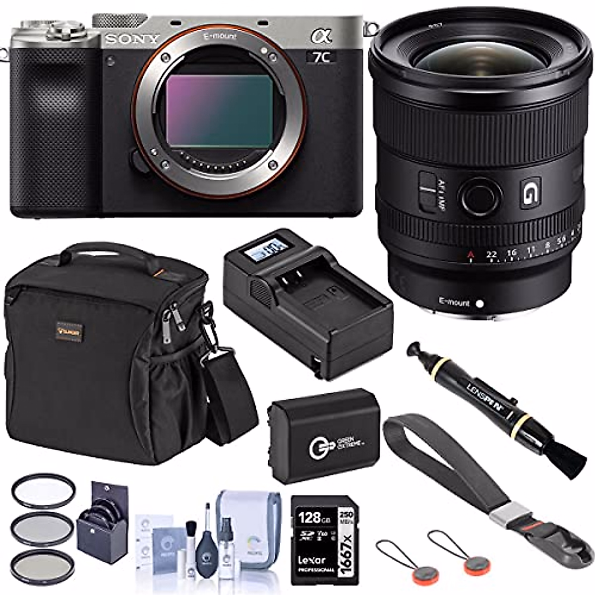 Sony Sony Alpha 7C Mirrorless Digital Camera, Silver with FE 20mm f/1.8 G Lens Bundle with Bag, 128GB SD Card, Wrist Strap, Extra Battery, Charger, Filter Kit and Accessories