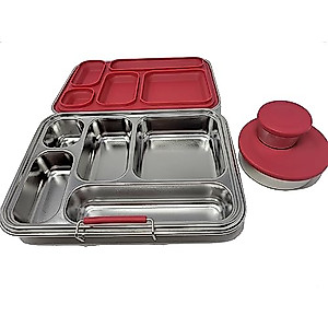 Flatbush Goods Leak Resistant Stainless Steel Bento Lunchbox with Silicone Seal, 2 Leak Proof Containers and 5 Compartments - Durable and Sustainable for Adults and Kids 5 and Older (Red)