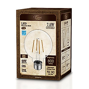 Euri Lighting VG25-2000e LED G25 Bulb, Filament Line, Warm White 2700K, Dimmable, 7.5W (60W Equivalent), 800 lm, Clear, 360 Degree Beam Angle, Damp Rated, E26 Base, UL & E-Star Listed