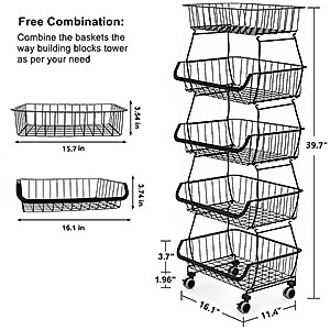 OKZEST 5 Tier Fruit Basket for Kitchen, Rolling Vegetable Fruit Storage Basket Stand Organizer Cart for Snack Potato Onion Produce, Utility Stackable Metal Wire Storage Bin Rack with Wheels for Pantry