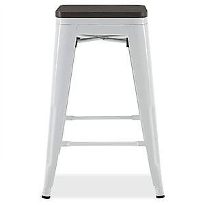 BELLEZE 24 Inch Modern Stackable Metal Bar Stools with Wood Seat, Indoor Outdoor Restaurant Patio Kitchen Dining, Antique Farmhouse Vintage Industrial Steel Metal [Set of 4] - Wyatt (White)