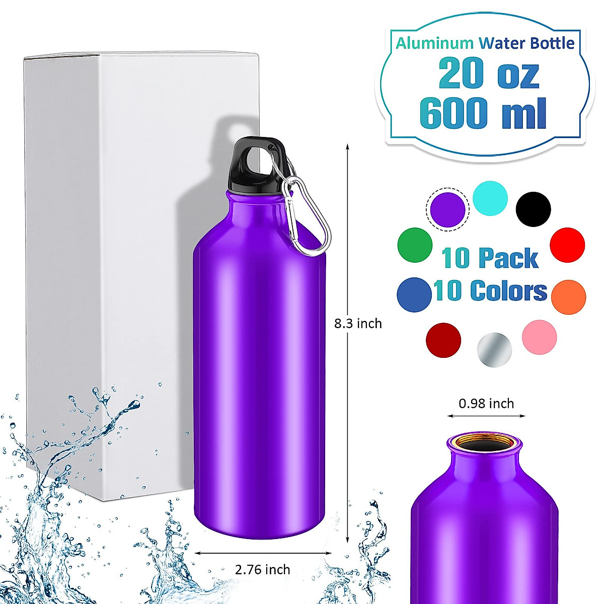 Mimorou 10 Pack 20 oz Aluminum Water Bottles Lightweight Reusable Bottles Aluminum Travel Cups with Carabiner Leak Proof Team Water Cups in bulk for Gym Sports Bicycle Camping