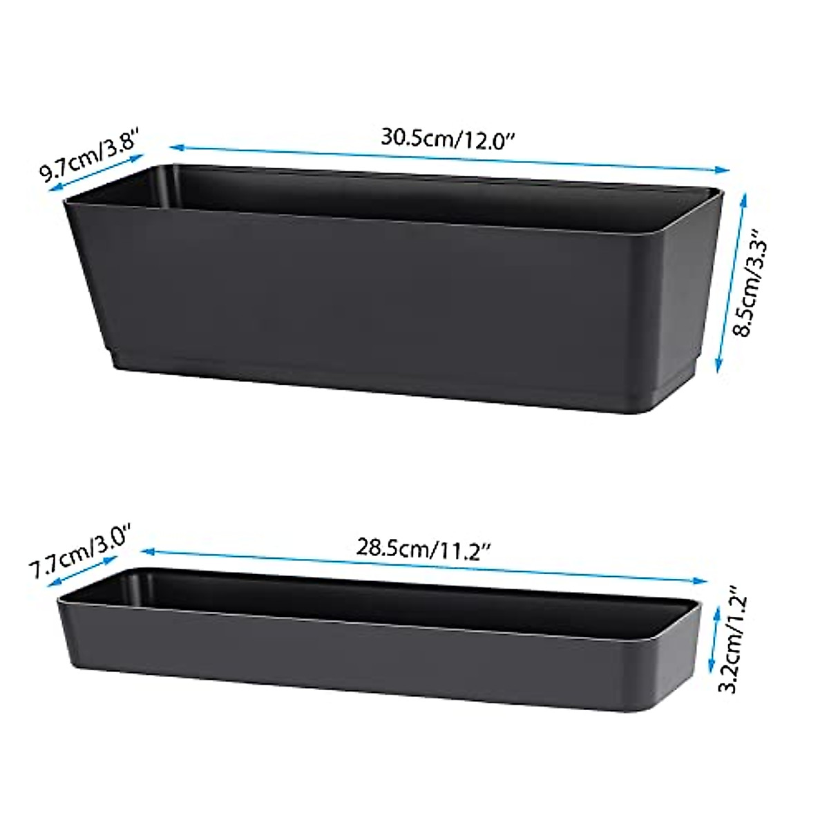 GREANER Black Rectangle Window Boxes, 3 Pack 12x3.8 Inch Herb Planters with Tray, Indoor Succulent Cactus Mint Plastic Pot for Windowsill, Garden Balcony, Office Outdoor Decoration
