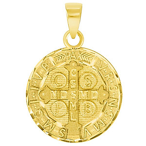 Jewelry America Solid 14k Yellow Gold Round Shaped St. Benedict Medallion Charm Pendant with Cable Chain Necklace, 20"
