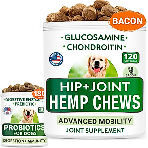 Hemp + Glucosamine + Probiotics Bundle - Joint Pain Relief + Upset Stomach Relief - Hemp Oil, Chondroitin w/MSM, Omega 3 + Digestive Enzymes, Prebiotics - Improve Digestion, Immunity - 120 +180 Chews
