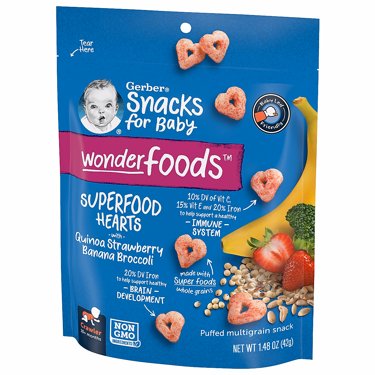 Gerber Snacks for Baby Wonder Foods SuperFood Hearts with Quinoa Strawberry Banana Broccoli, Puffed Multigrain Snack, Non-GMO Ingredients, Resealable Pouch 1.48 Ounce(Pack of 2)