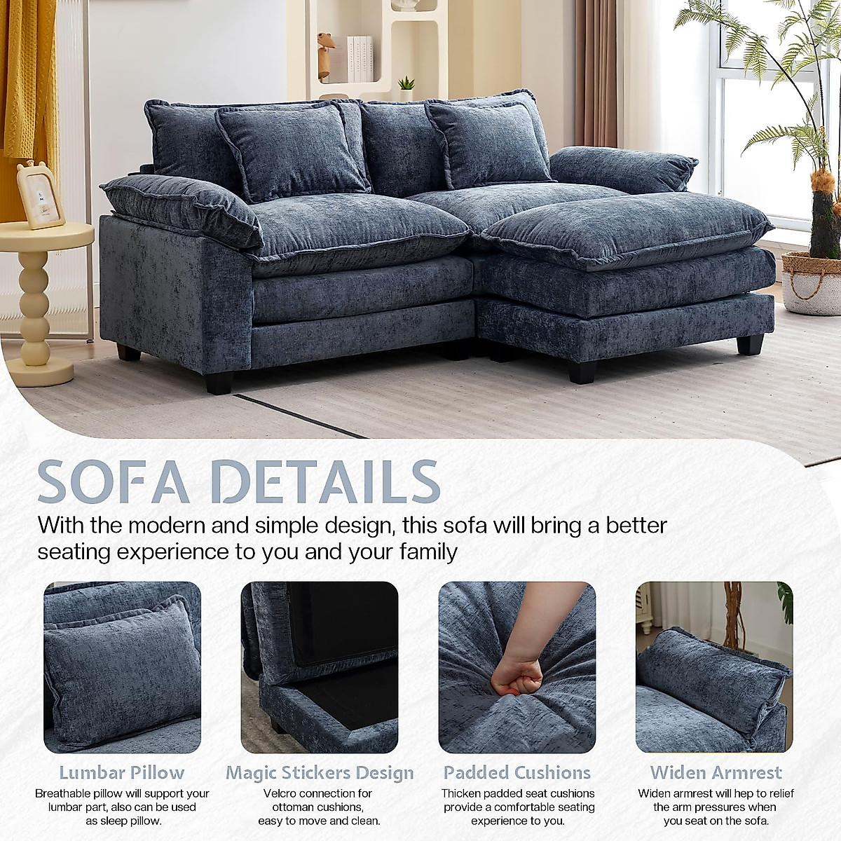 OQQOEE Sectional Sofa Modular Cloud Couch Upholstered Deep Seat Cloud Sofas with Ottoman Comfy Chenille Sofa Sleeper for Living Room,Apartment (Blue, Loveseat & Ottoman)