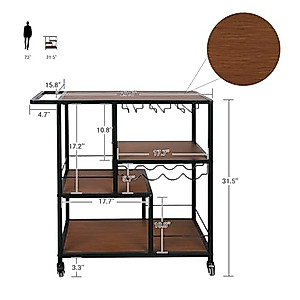 ODIKA Top Shelf Bar Cart with Wine Rack and Glass Holder - Bar Cart with Wheels, Kitchen Cart, Mobile Serving Carts, Alcohol Cabinet Table Stand
