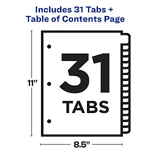 Avery 31-tab Dividers for 3 Ring Binders, Customizable Table of Contents, Multicolor Tabs, 1 Set (11846)