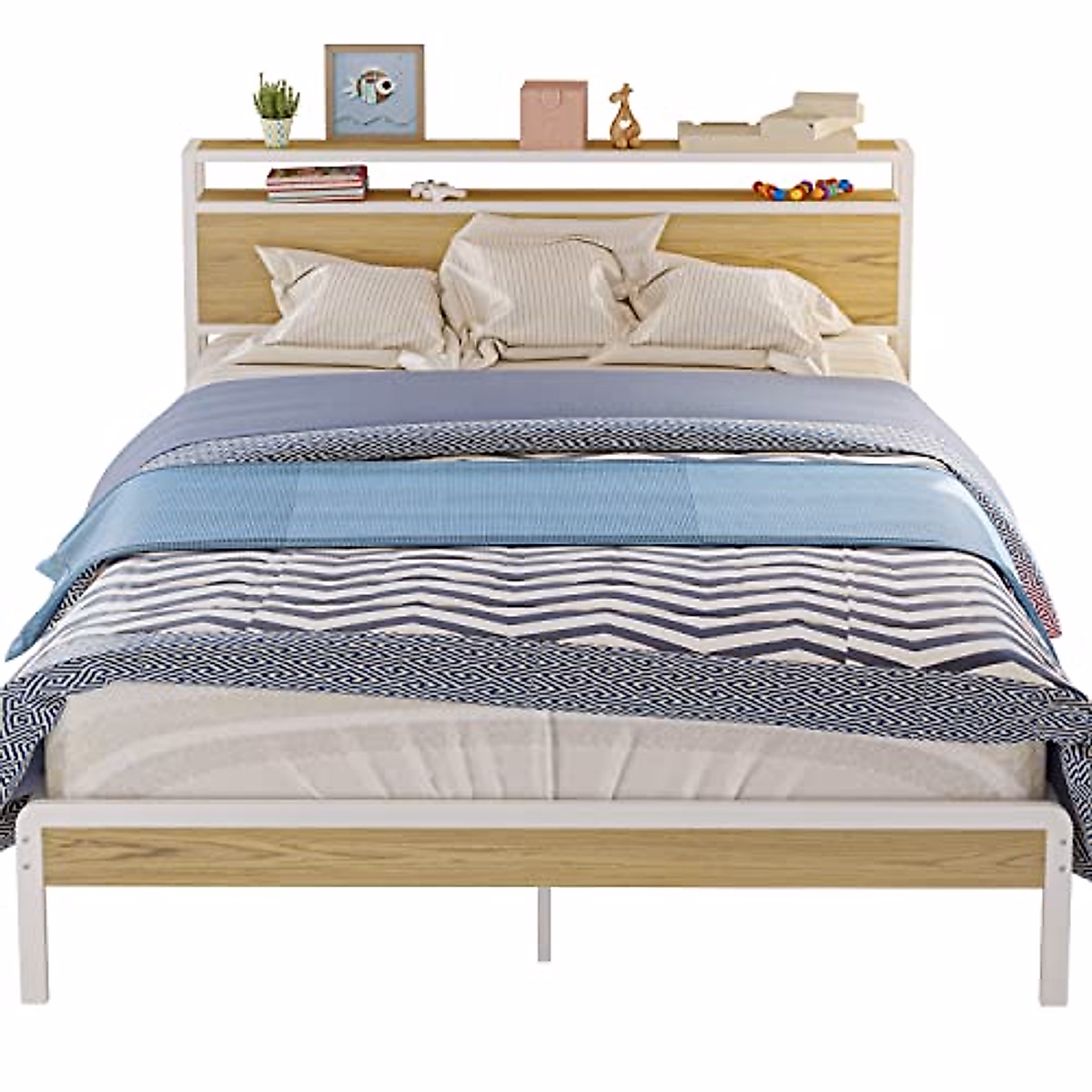 LIKIMIO Queen Bed Frame, Platform Bed Frame with 2-Tier Storage Headboard, Solid and Stable, Noise Free, No Box Spring Needed, Easy Assembly, White and Log