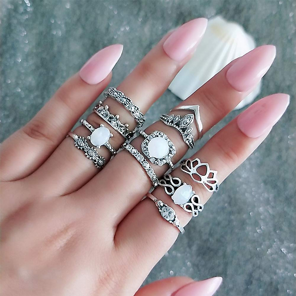 SEniutarm Engagement Love Rings Wedding Bands 11Pcs Women Jewelry Set Faux Opal Rhinestone Knuckle Stacking Joint Rings Band for Women/Girl Finger Rings DIY Jewelry Gifts - Antique Silver