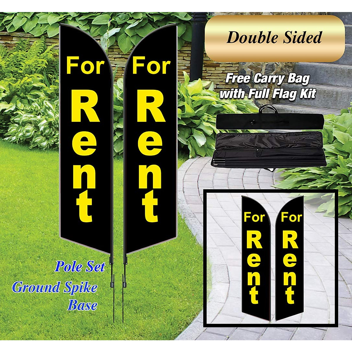 BannerBuzz Blade Flag “For Rent”, 2' X 9.58' | 13' ft Long Graphic with Hardware Includes Aluminum Flag Pole & Ground Spike Base (Theme 2) (Double Side Print)