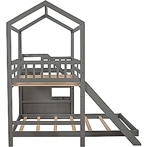 DNYN Stairway Twin Over Full Bunk Bed with Slide and Storage Staircase for Kids Bedroom,House Shaped Wooden Bedframe w/Full-Length Guardrails,No Box Spring Needed, Gray