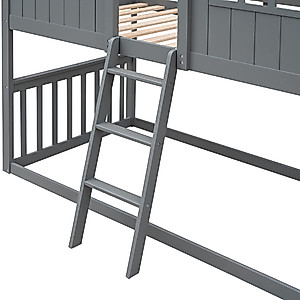 Yehha Twin Over Twin House Bunk Bed for Kids, Heavy Duty Wooden Bed w Roof and Windows, 75° Inclined Ladder, Guard Rails for Girls Boys Bedroom, Gray