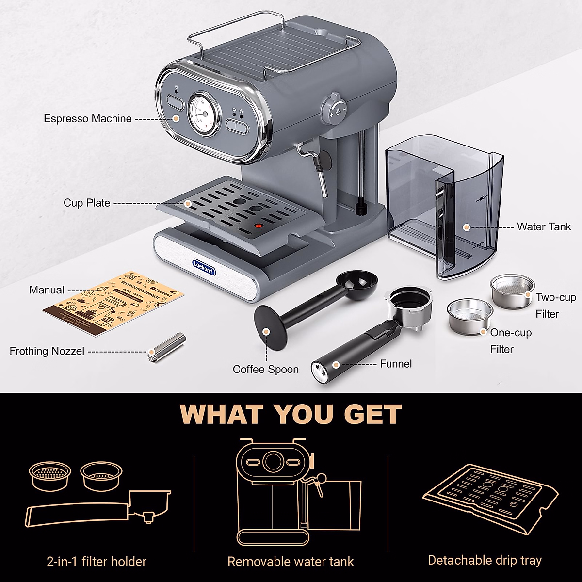 Laekerrt Espresso Machine with Visible Thermometer, 20 Bar Pump Pressure Home Coffee Machine with Milk Frother Steam Wand, 1100W Cappuccino Latte Coffee Maker, with 2 Stainless Steel Filter Cups