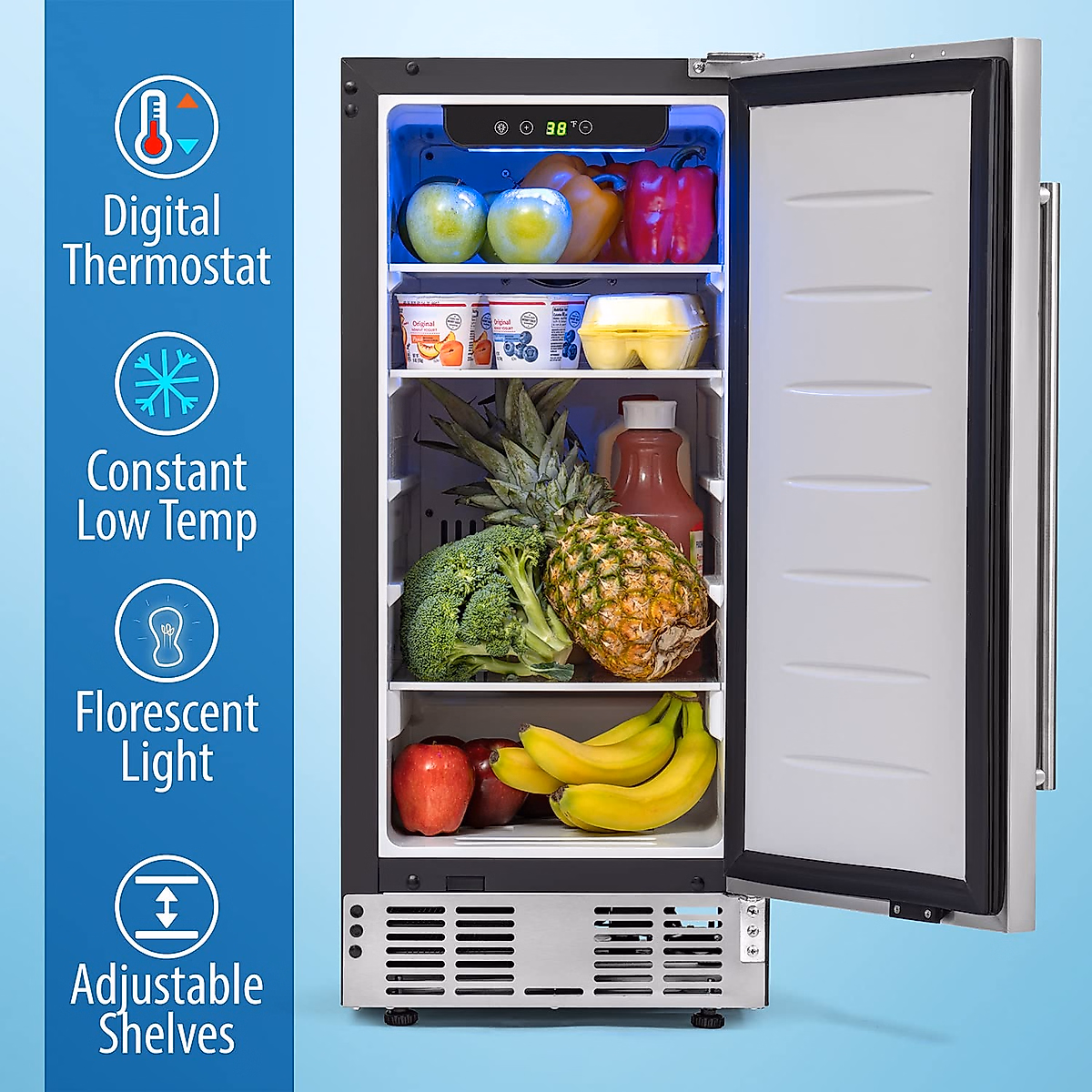 Deco Chef 15-Inch Under Counter Mini Fridge, Stainless Steel Finish, Adjustable Digital Thermostat, 32F to 50F, Refrigerator for Food, Snacks, Sodas, Beer, Wine