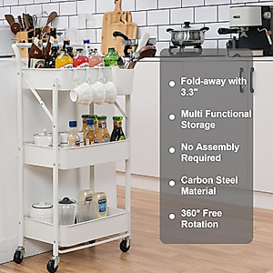 3 Tier Rolling Cart Foldable Storage Cart with Wheels No Assembly Request Kitchen Utility Organizer with Handing Cup, White