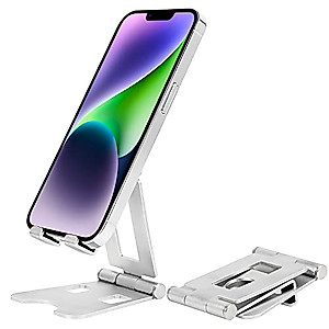 Desktop Cell Phone Stand for Up and Down Angle Height Adjustable Desk Sturdy Aluminum Metal Phone Holder for iPhone,MiniIpad, Mobile Phone, All Android Smartphone,Silver