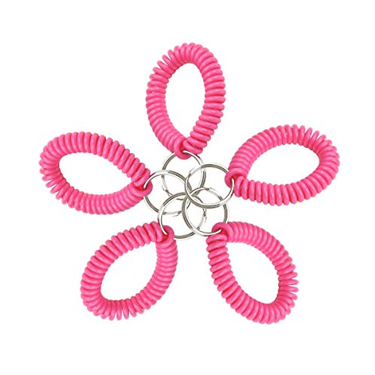 Lucky Line 2” Diameter Spiral Wrist Coil with Steel Key Ring, Flexible Wrist Band Key Chain Bracelet, Stretches to 12”, Neon Pink, 5 Pack (4106605)