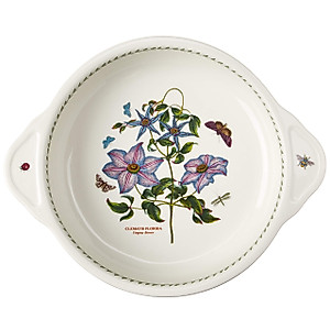 Portmeirion Botanic Garden Round Baking Dish with Handles | 10 Inch Baking Dish with Clematis Motif | Made from Porcelain | Dishwasher and Microwave Safe