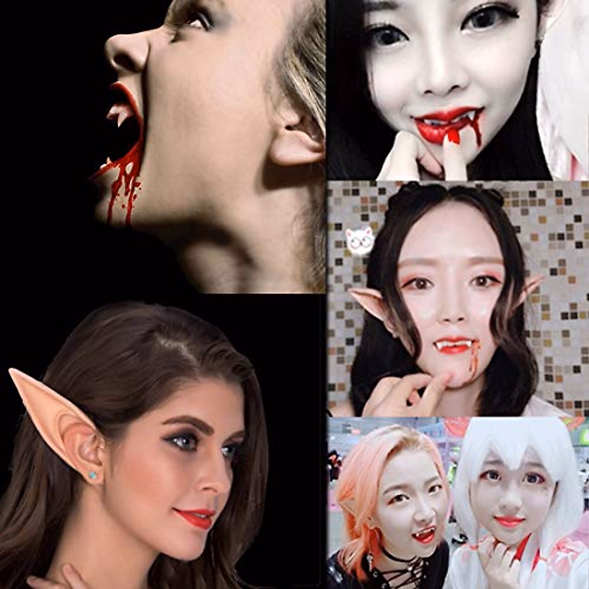 Gustum 3 Different Vampire Fangs Teeth with 1 Tube Teeth Pellets Adhesive, 3 pairs Fairy Pixie Elf Ears, Halloween Horror Party Cosplay Costumes Accessory Prop Decoration