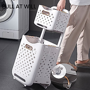 Laundry Baskets on Wheels, Laundry Trolley, Laundry Collector with 2 Layers, 2 Storage Baskets, Laundry Sorter for Bedroom, Bathroom for Clothes and Toys, Total 77L, Plastic, 75x34.5x26cm (New)