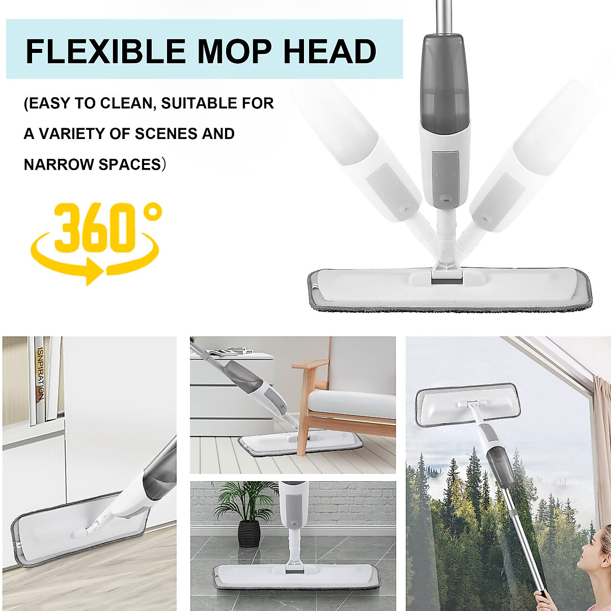 Spray Mop for Floor Cleaning, 360Rotatable Mop with 4 Washable Pads, Refillable Spray Bottle and 1 Scraper, Flat Mop for Home Kitchen Hardwood Laminate Wood Ceramic Floor Cleaning,White
