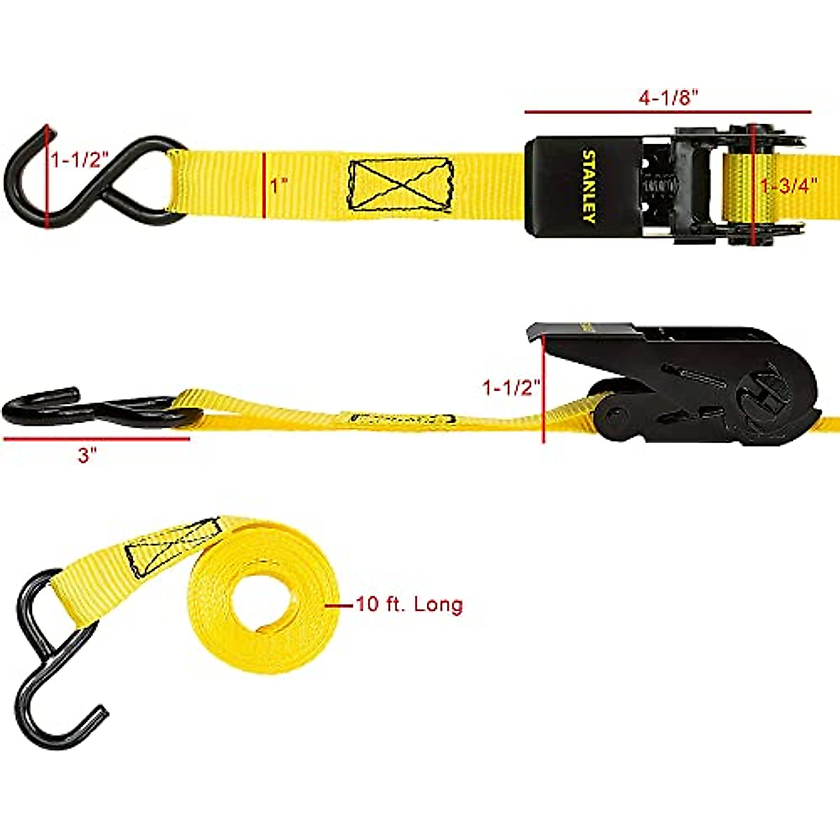 STANLEY S9500 Black/Yellow 1" x 10' Ratchet Straps - Light Cargo Hauling (900 lb Break Strength), 4 Pack