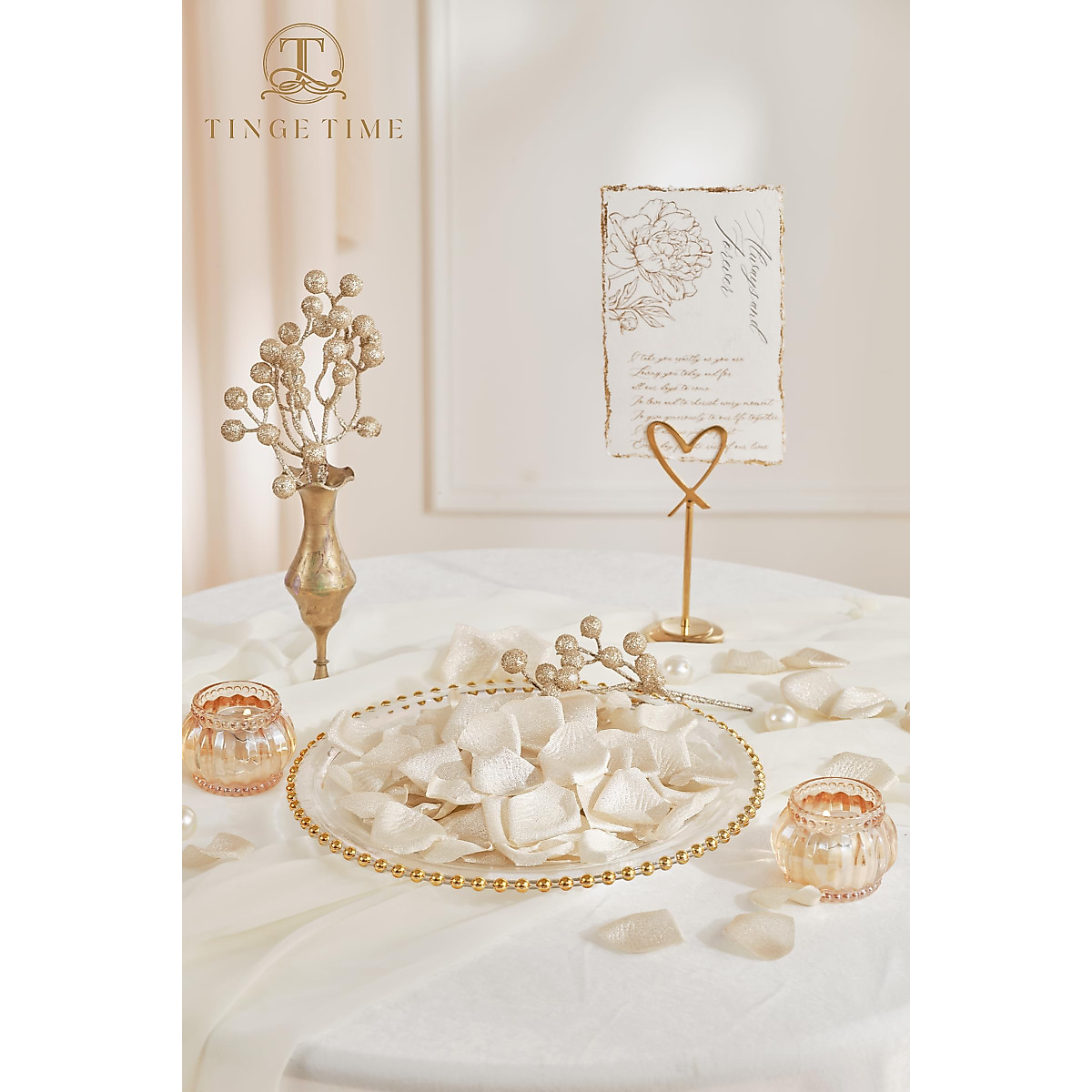 TINGE TIME 300pcs Silk Rose Petals Gold Yarn Flower Petals for Wedding Flower Girl Basket Aisle Scatter Dinner Table Centerpieces Party Bridal Shower Romantic Night Decoration (Light Gold)