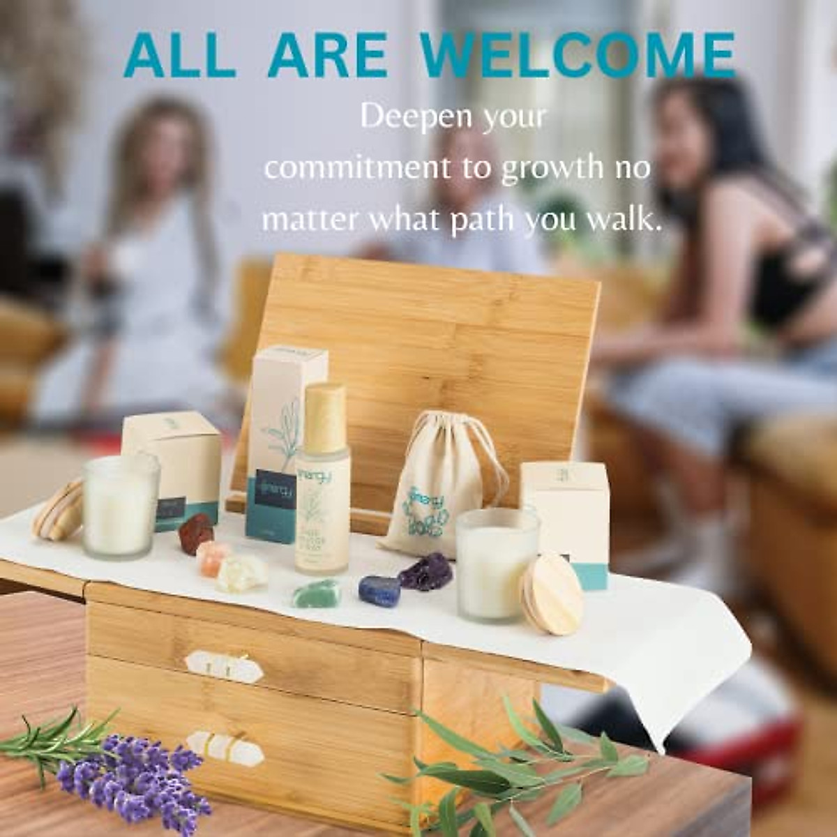 Energy Mindfulness Altar Starter Kit with Altar Cloth, Sage Spray, 2 Soy Wax Candles, 7 Chakra Healing Crystals - Bamboo Wooden Box with Fold-Out Table Top & Drawers with Quartz Crystal Handles