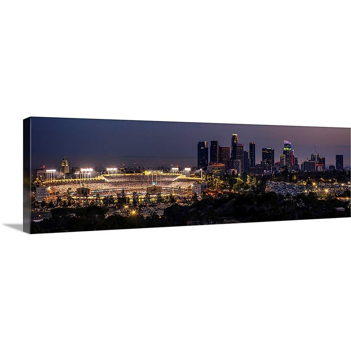 CANVAS ON DEMAND Dodger Stadium and La Skyline Lit Up At Night - Panoramic Canvas Wall Art Print by Circle Capture, Home Decor, Baseball, United States Artwork, 60"x20"