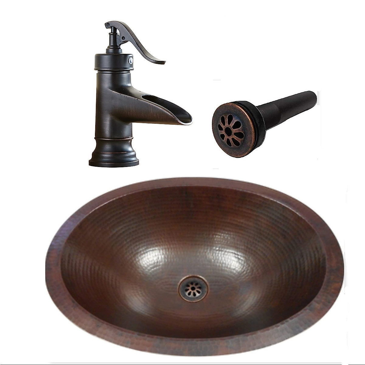 SimplyCopper 16" Oval Copper Bath Sink with 7" Faucet and Daisy Drain Drain Included