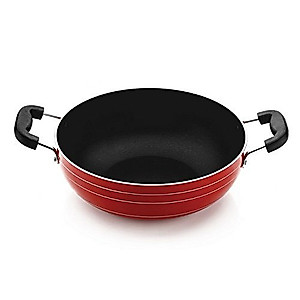 Non-Stick Coating Kadai / Fry Pan with Steel Lid 2.6 mm(Red) ,Valentine Day Gifts