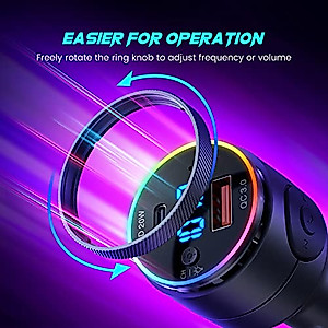 Achifine Bluetooth Car Adapter - FM Bluetooth Transmitter Car/ Music Player /Car Kit for PD 20W & QC3.0 Quick Charge, Hands-Free Calls, Hi-Fi Music, Siri Google Assistant, RGB Backlit, Aux Out