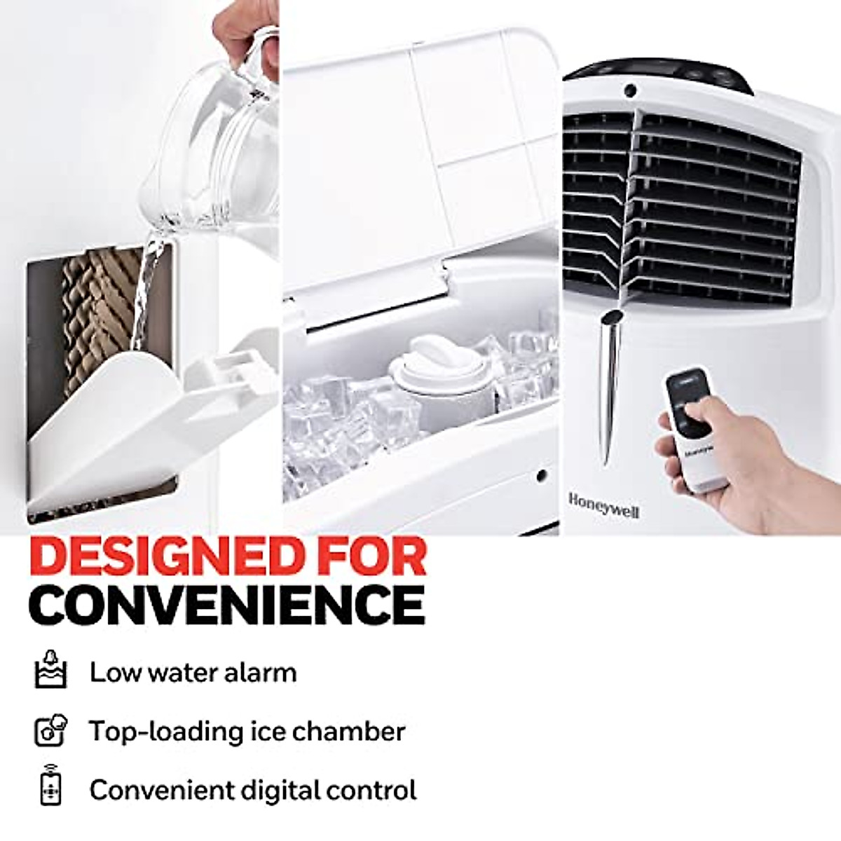 Honeywell 525 CFM Indoor Portable Evaporative Air Cooler, Fan & Humidifier with Ice Compartment & Remote, White