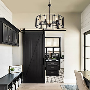 MhyTogn Industrial style Chandelier, with Matt Black Finish Geometric Shade Pendant Lighting Fixture for Dining Room Living Room Kitchen Island Bedroom 5-light