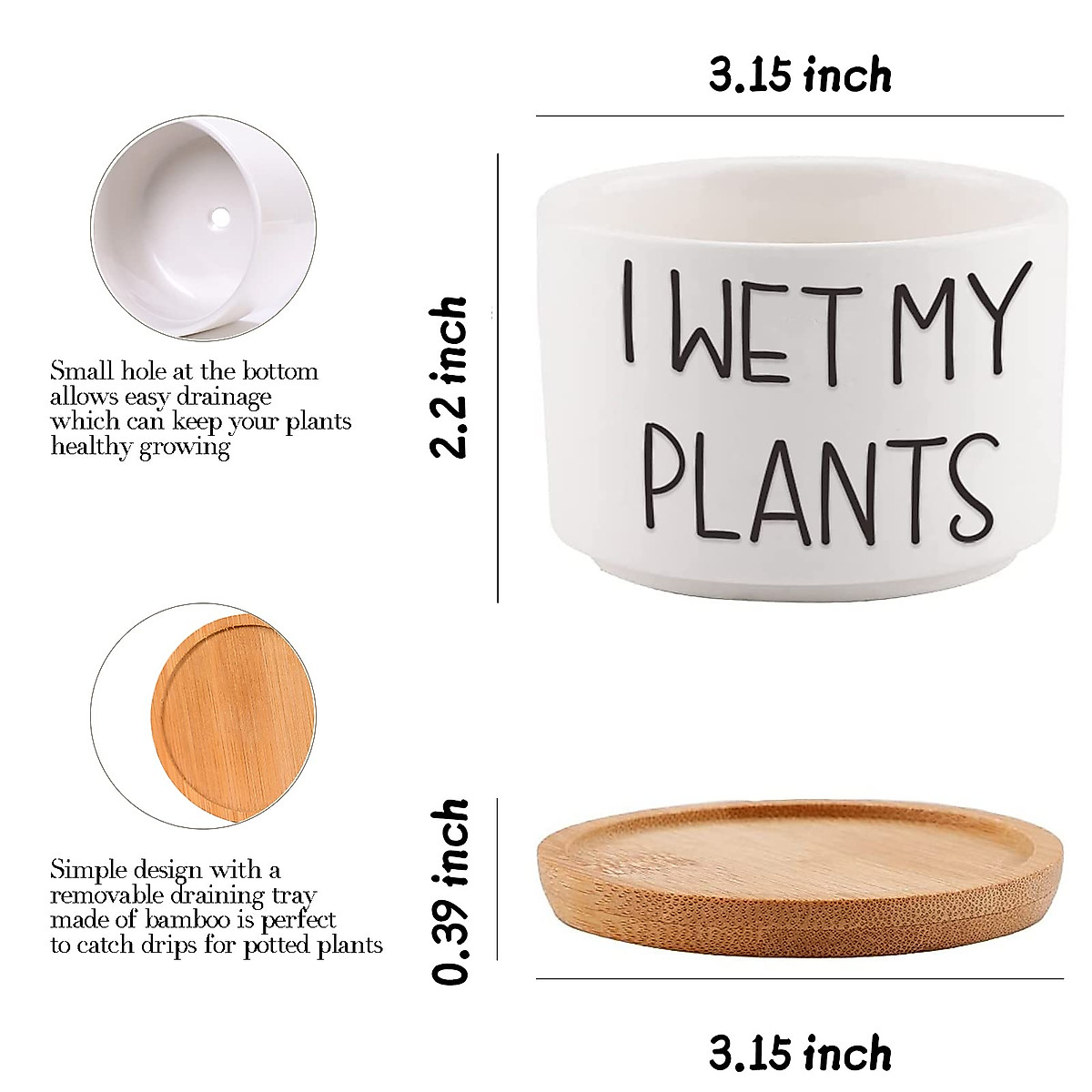 Funny Succulent Pots, 3.15 inch Ceramic Flower Plant Pots with Bamboo Tray, Cute Cactus Planters with Drainage Hole, Birthday Gifts for Women, Plant Lover Gifts, Pack of 3 - Plants Not Included