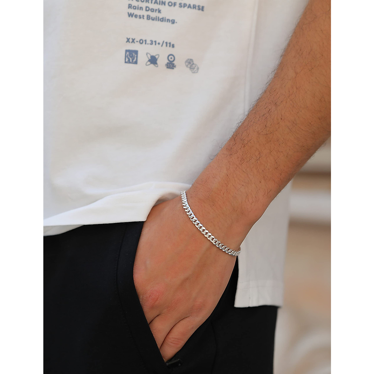 Waitsoul Silver Bracelet for Men 5mm Diamond-Cut Cuban Link Curb Chain Bracelet for Women 7 Inch