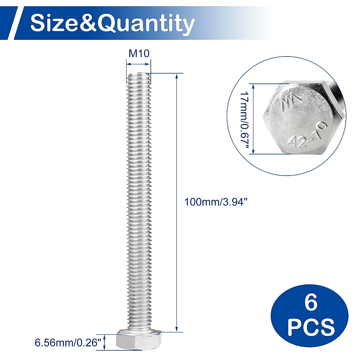 MroMax 6Pcs M10 x 100mm Hex Head Screws Bolts, 304 Stainless Steel 18-8, Fully Threaded, External Hex Drive, for Mounting Chair, Handles, Rail, Pump, Wheels, Antenna Parts, Boat and Plastic Bumpers