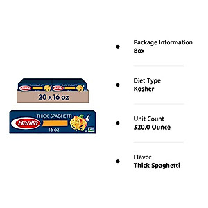 Barilla Thick Spaghetti Pasta, 16 oz. Box (Pack of 20) - Non-GMO Pasta Made with Durum Wheat Semolina - Kosher Certified Pasta