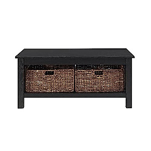 Walker Edison Coastal Black Living Room Coffee Table with Lower Shelf and Faux Rattan Wicker Baskets, 40 Inch