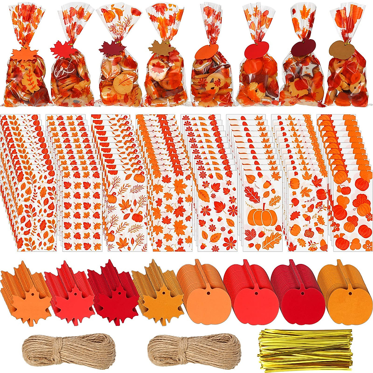 Remerry 600 Pcs Fall Cellophane Treat Bags Thanksgiving Candy Bags Fall Goodie Bags Maple Leaf Pumpkin Bags with Pumpkin Maple Leaf Tags Gold Twist Tie Twine Autumn Party Supplies