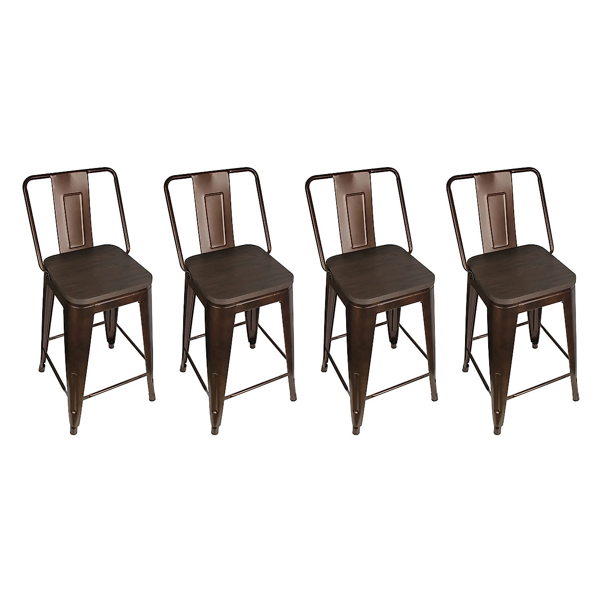 LEEJAY Commercial Grade Indoor Metal Bar Stools Set of 4, 24 Inch High Back, Gun Gray Counter Height Patio Barstools with Black Padded Cushion, 12"x12" Seat, Extra Durable and Stackable, Easy Assembly